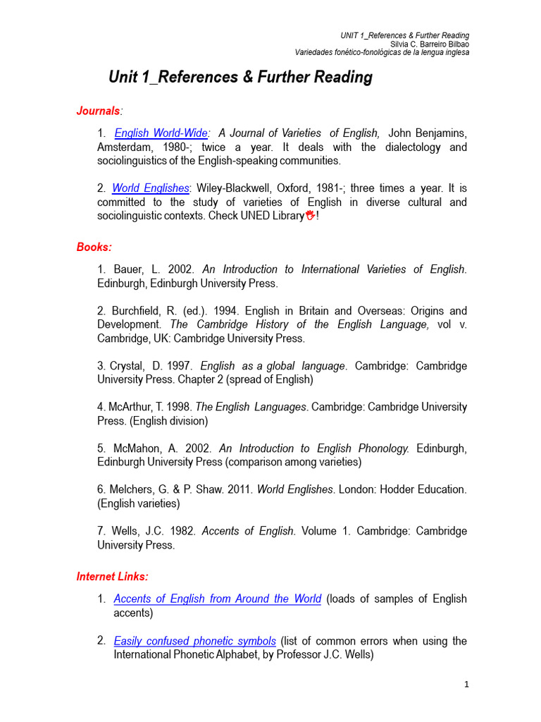 UNIT_1_References and Further Reading | PDF | English Language | Phonetics