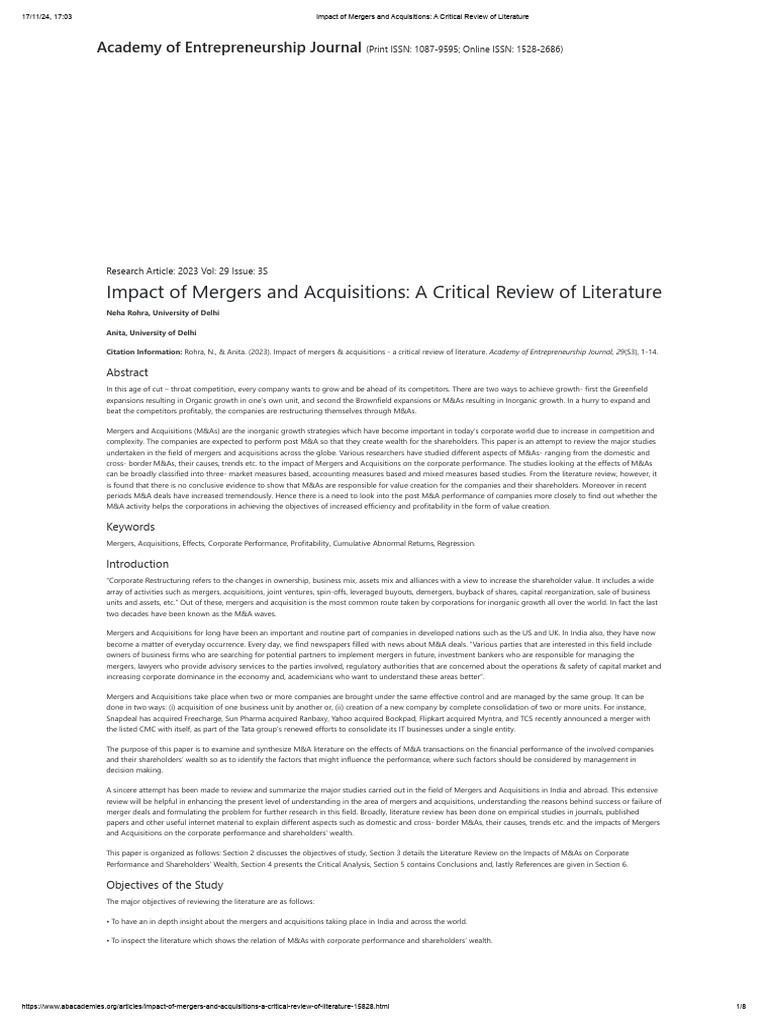 Impact of Mergers and Acquisitions - A Critical Review of Literature ...
