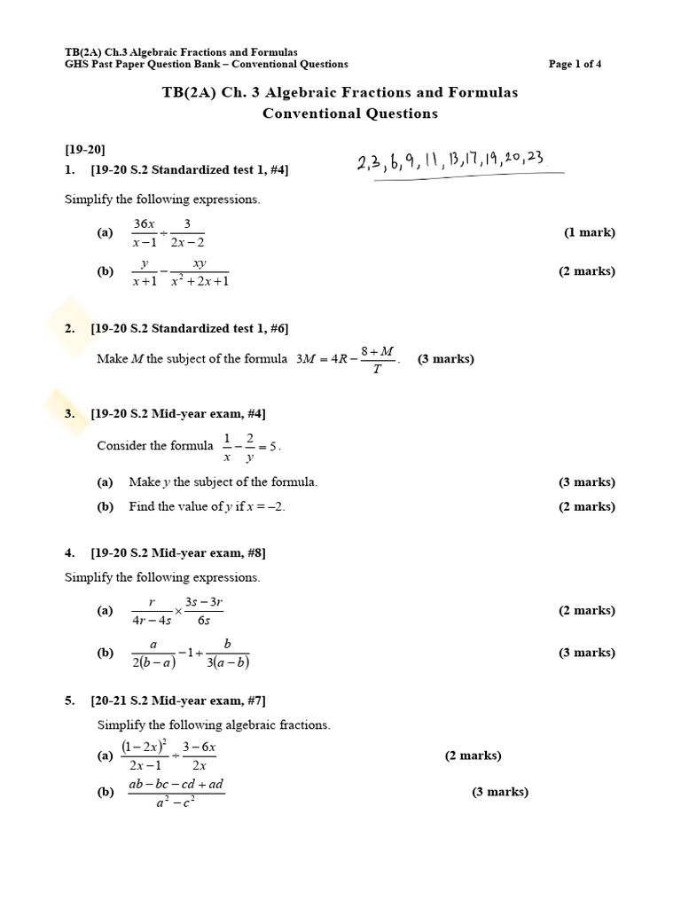Algebraic Fractions and Formulas Questions | PDF | Mathematics ...