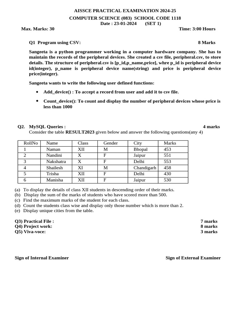 AISSCE CS PRACTICAL EXAMINATION 2024-25 | PDF | Computer Data | Computer Engineering