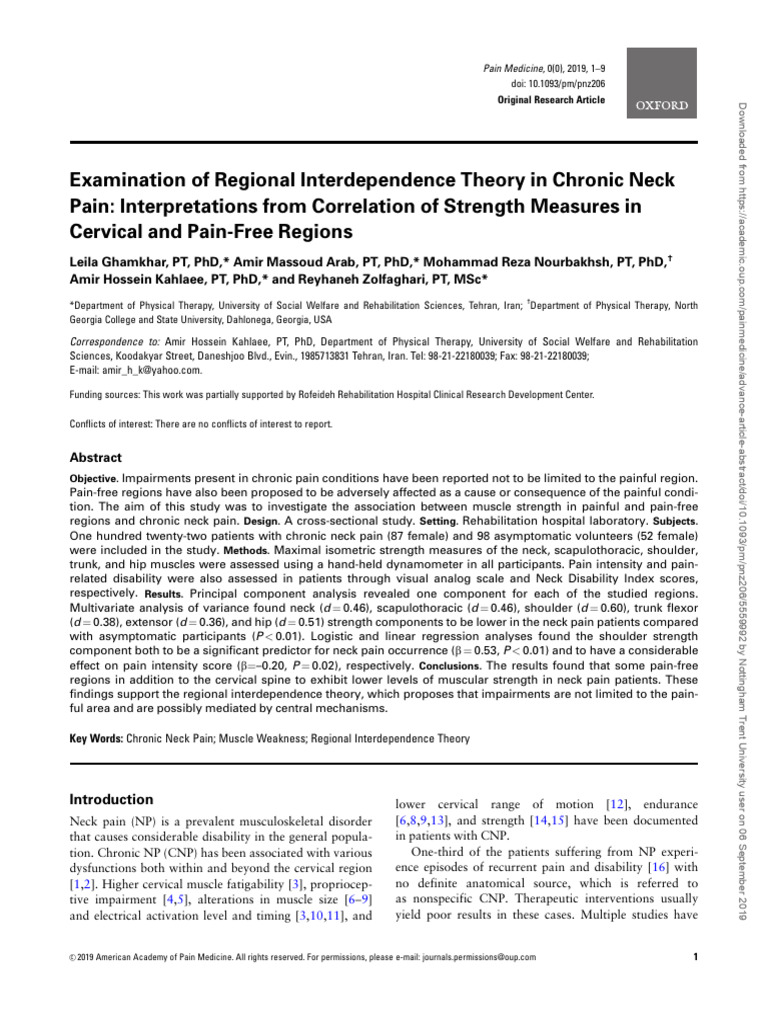 Examination of Regional Interdependence Theory in Chronic Neck Pain ...