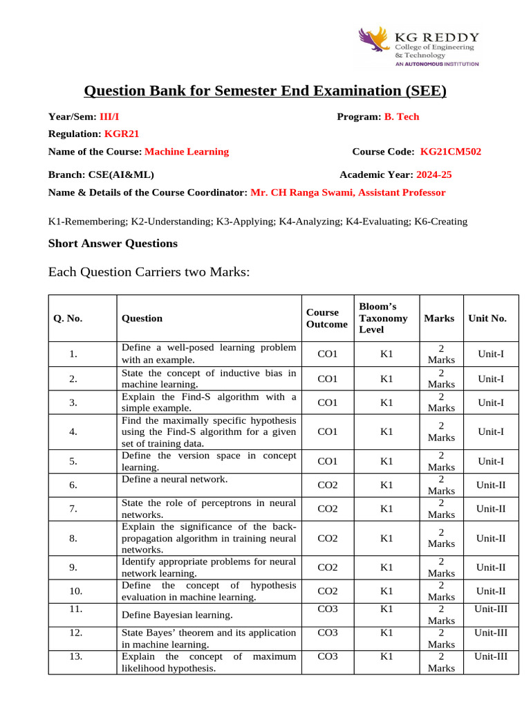 ML Question Bank For Semester End Examination (Final) | PDF | Machine Learning | Bayesian Inference