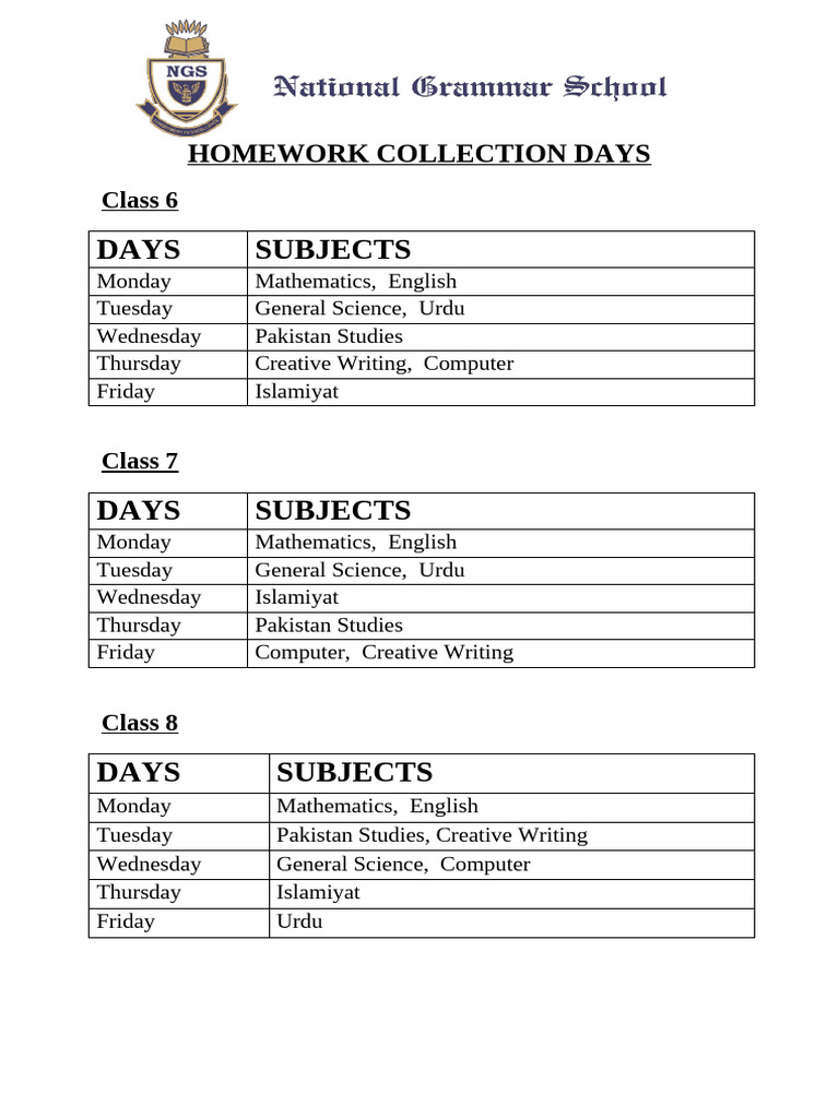 Weekly Homework Schedule by Class | PDF