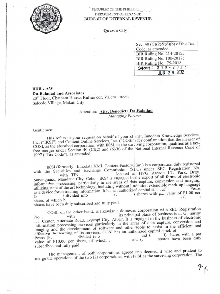 BIR Ruling No. 319-2022 Merger | PDF