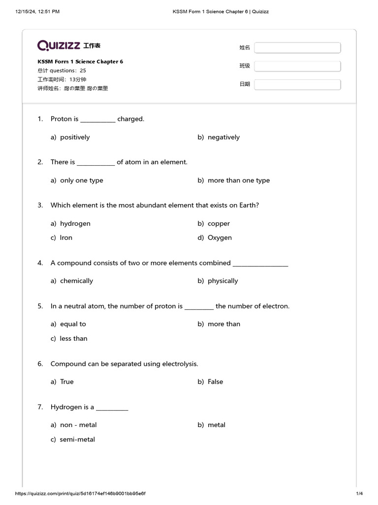 KSSM Form 1 Science Chapter 6 _ Quizizz | PDF | Chemical Compounds ... KSSM Form 1 Science Chapter 6 _ Quizizz | PDF | Chemical Compounds ...