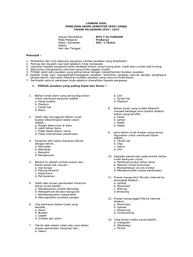 Soal Pas Prakarya Semester Ganjil Kelas 8tapel 2024-2025 | PDF