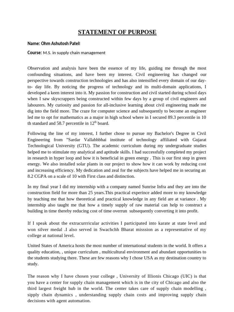 Statement of Purpose Ohm Uic | PDF