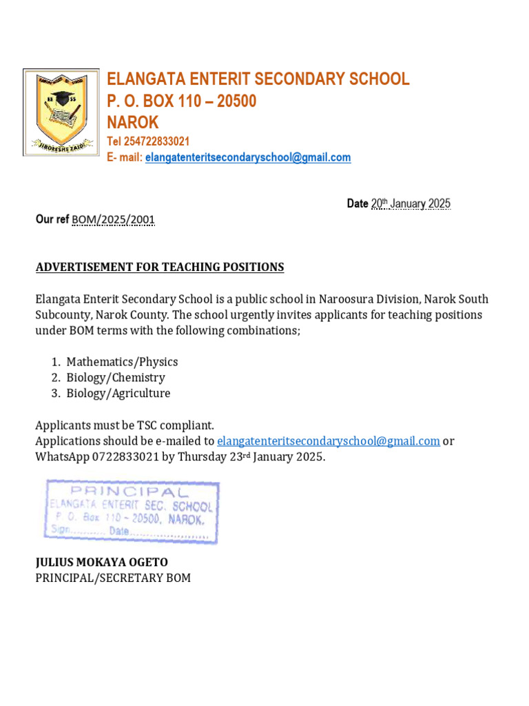 ADVERTISEMENT FOR TEACHING POSITIONS 2025 | PDF