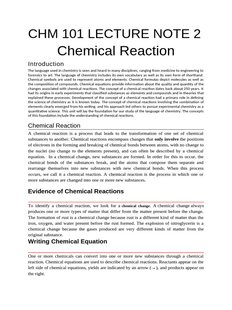 CHM 101 Lecture Note 2 - 095016 | PDF | Chemistry | Chemical Reactions