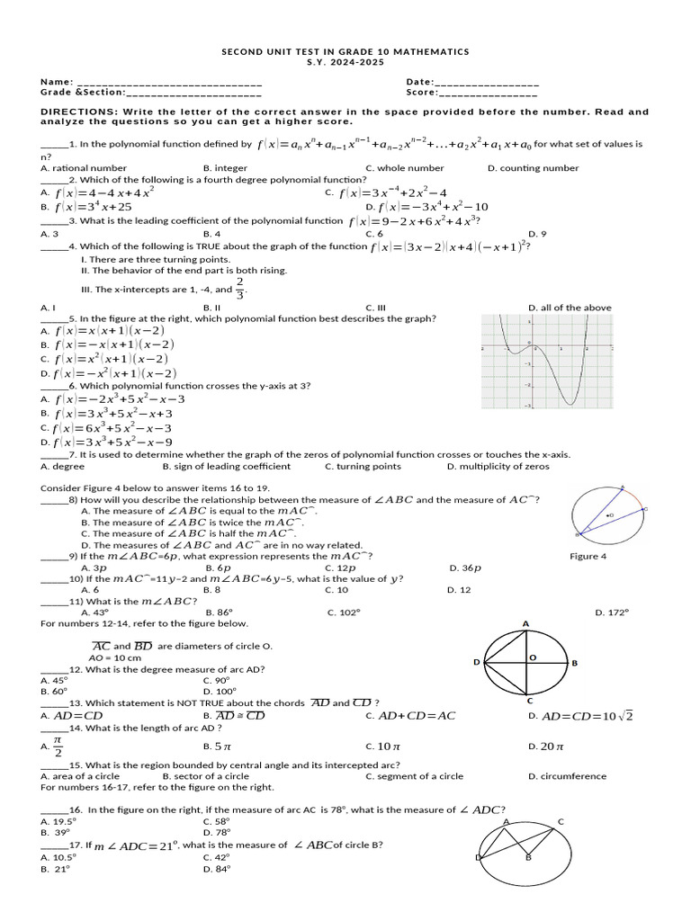 Second Unit Test Math 10 24-25 | PDF | Circle | Tangent