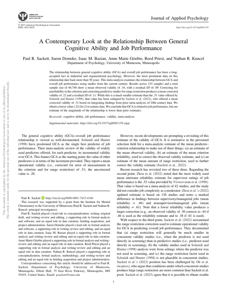 A Contemporary Look at The Relationship Between Cognitive Ability and Job Performance (2022 ...