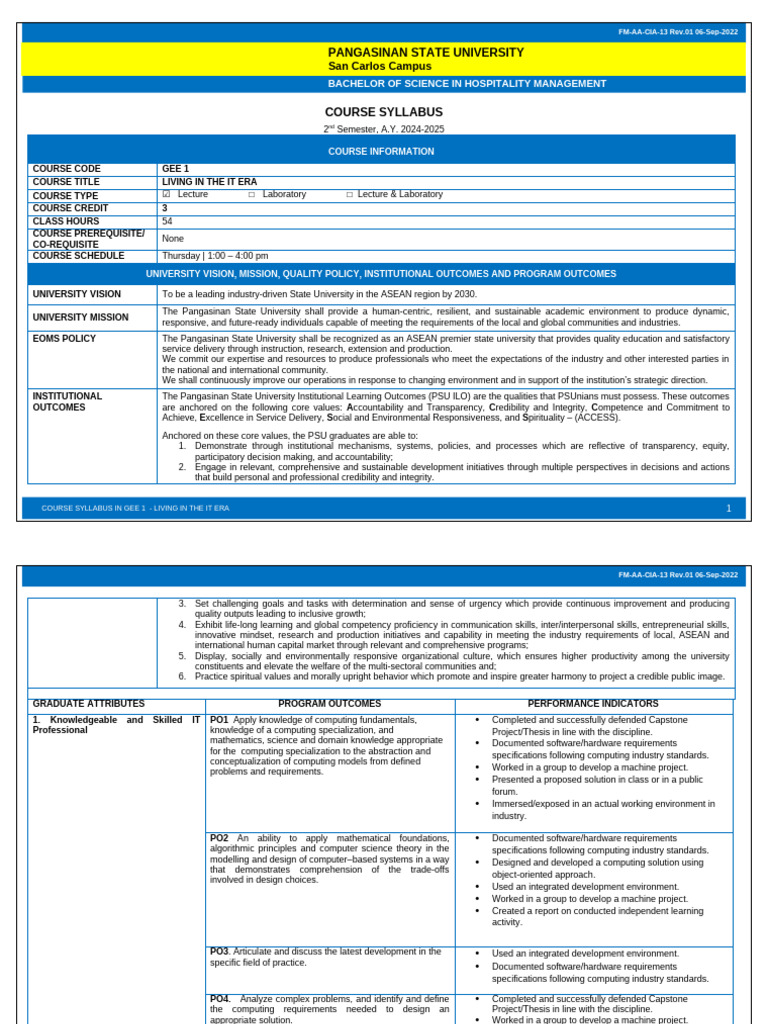 GEE1 Living in The IT Era Syllabus BSHM | PDF | Computing | System