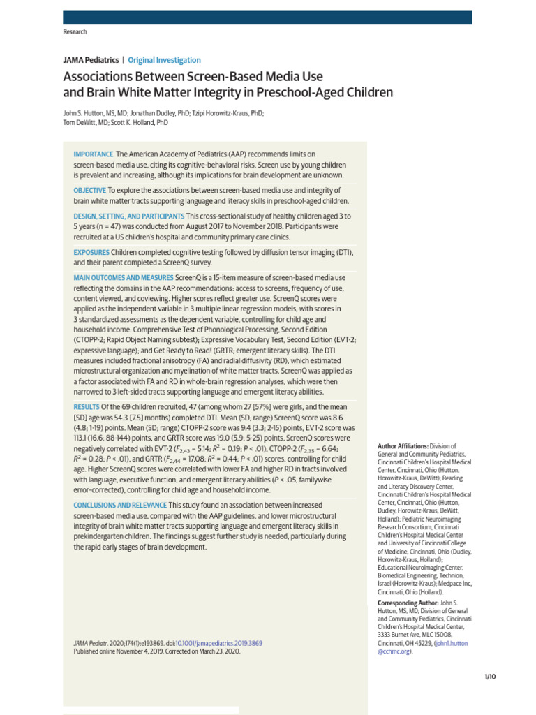 Associations Between Screen-Based Media Use and Brain White Matter ...
