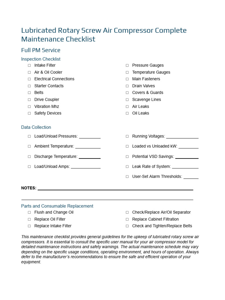 Lubricated Rotary Screw Air Compressor Maintenance Checklist - Docx 1 ...