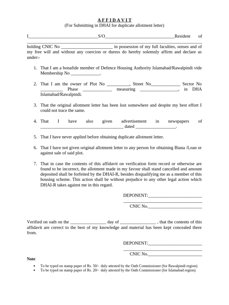 Affidavit for Duplicate Allotment Letter | PDF | Affidavit | Legal ...
