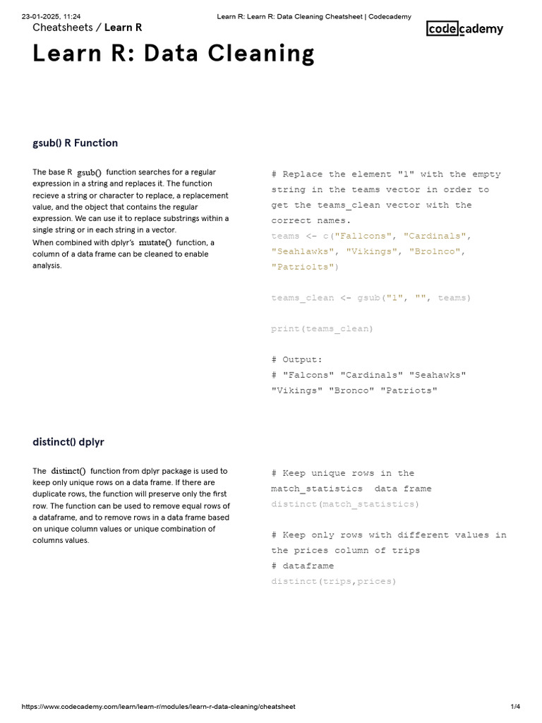 Learn R Learn R Data Cleaning Cheatsheet Codecademy Pdf String Computer Science
