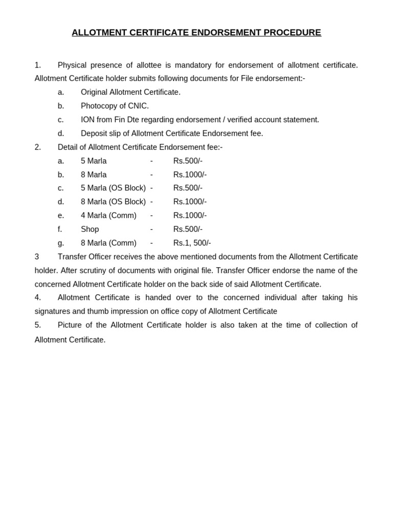 Allotment Certificate Name Endorsement Procedure | PDF