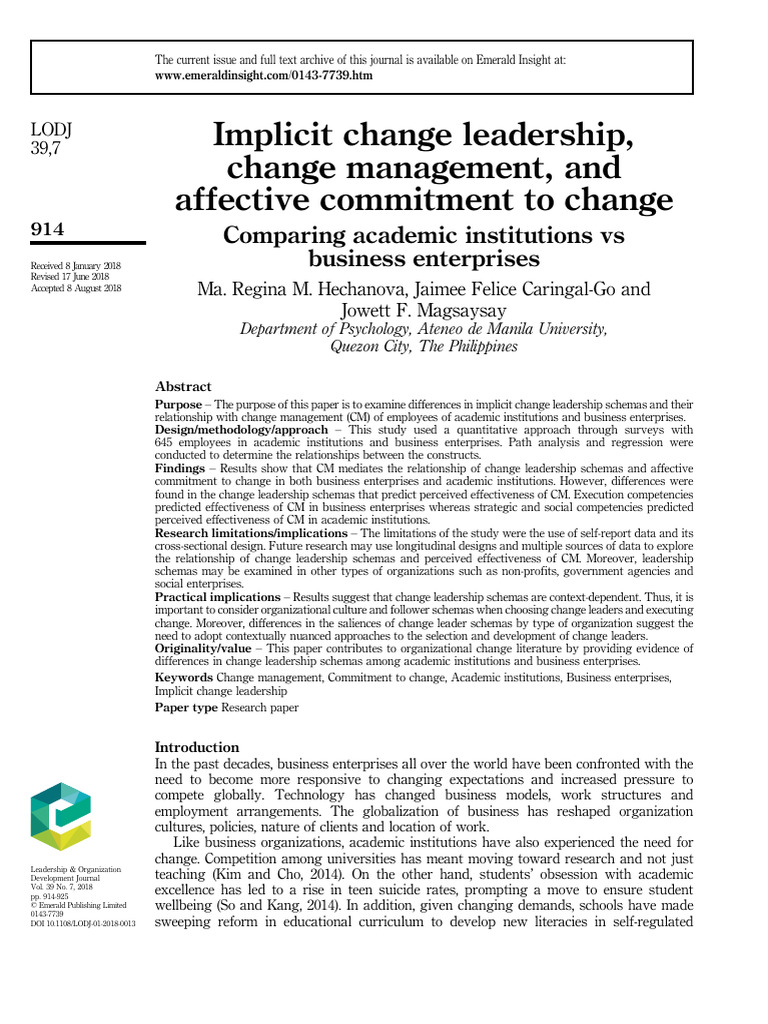 Implicit Change Leadership, CH | PDF | Leadership | Dependent And ...