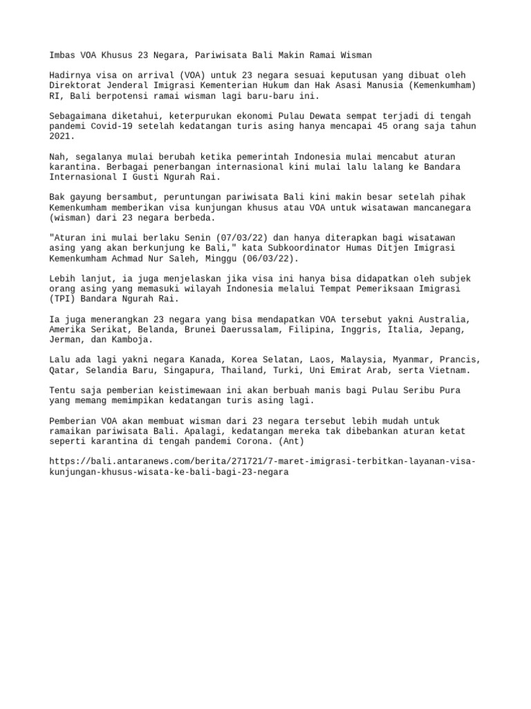 Voa Khusus 23 Negara Wisata Bali Ramai UDH | PDF