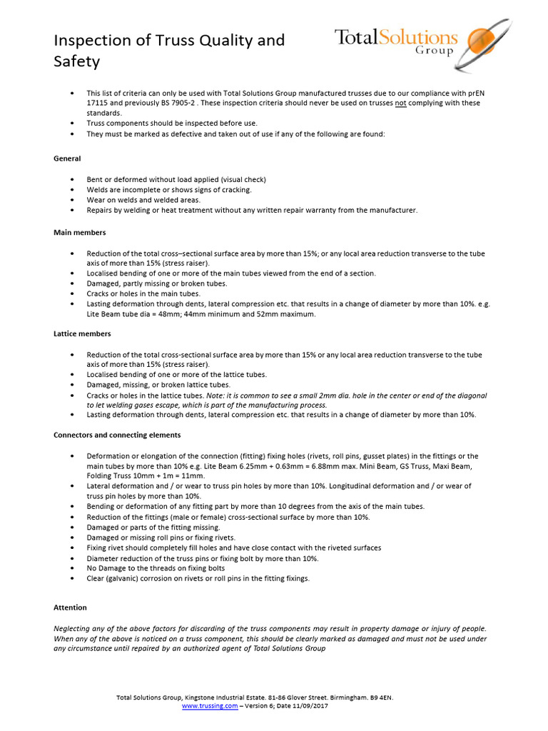 Visual Inspection of Truss Criteria | PDF | Bending | Truss