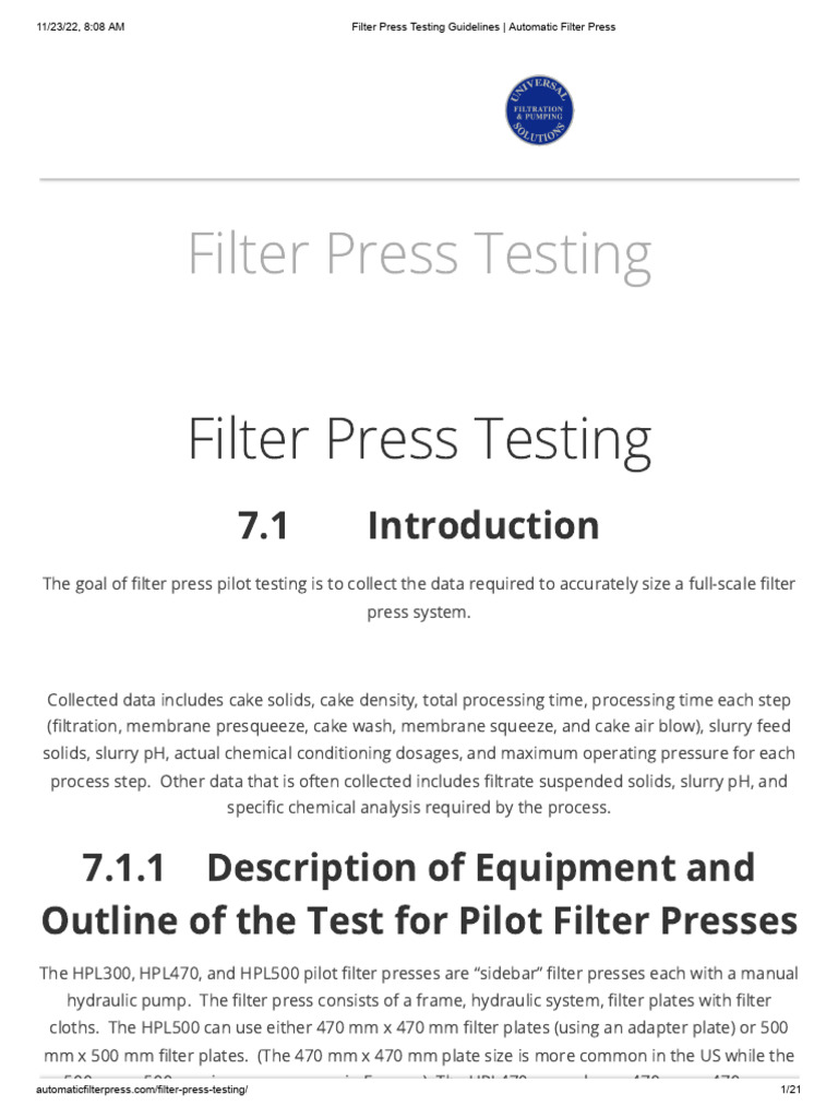 Filter Press Pilot Testing Guidelines | PDF | Filtration | Liquids