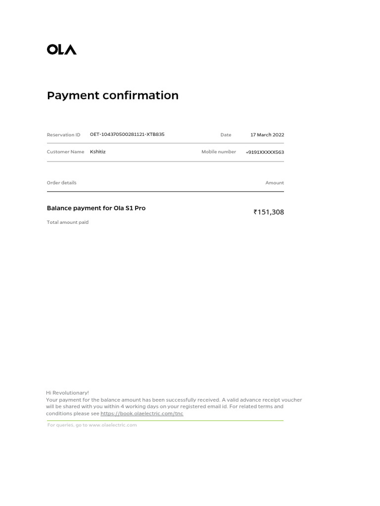 Ola Payment Receipt | PDF