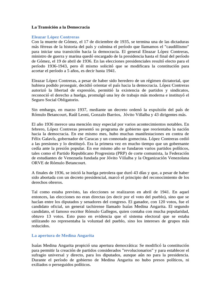 La Transición A La Democracia | PDF | Venezuela | Política de venezuela