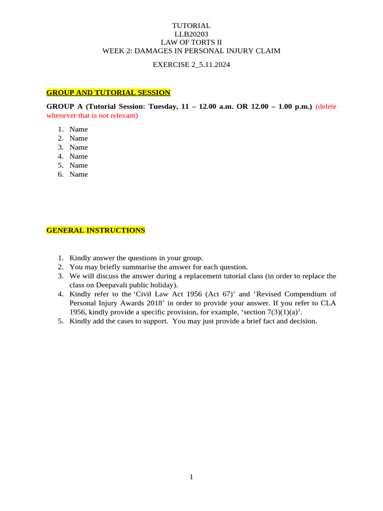 Second Tutorial_exercise_damages in Personal Injury Claim | PDF | Damages | Tort