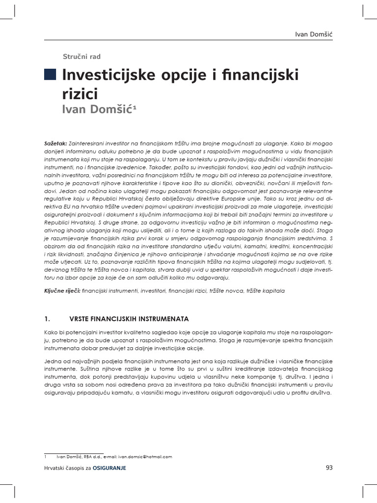 Investicijske Opcije I Financijski Rizici | PDF