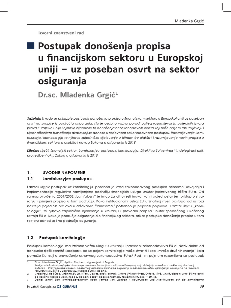 Postupak Donošenja Propisa u Financijskom Sektoru u Europskoj Uniji – Uz Poseban Osvrt Na Sektor ...