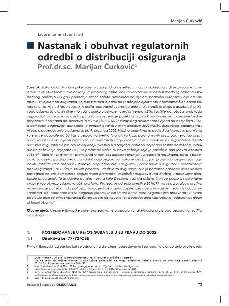 Nastanak I Obuhvat Regulatornih Odredbi o Distribuciji Osiguranja | PDF