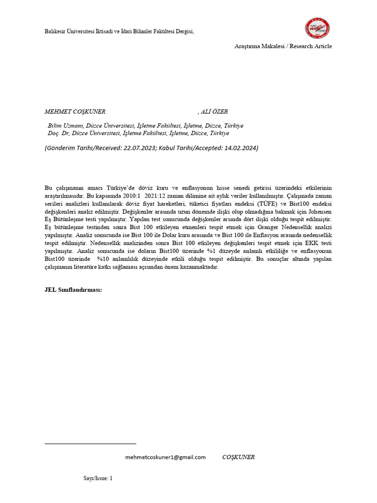 D - Viz Kuru Ve Enflasyonun Hisse Senedi Getirisi - Zerindeki Etkisi ...