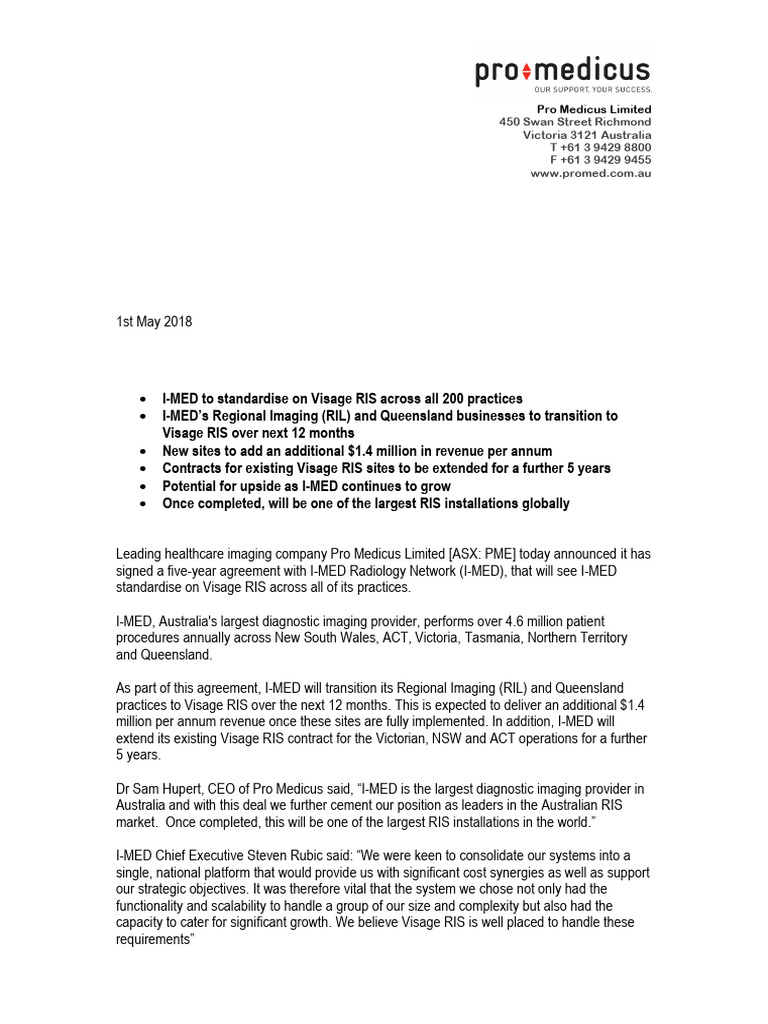 May 2018 PME Signs Visage RIS Deal With I-MED Radiology | PDF | Health Care