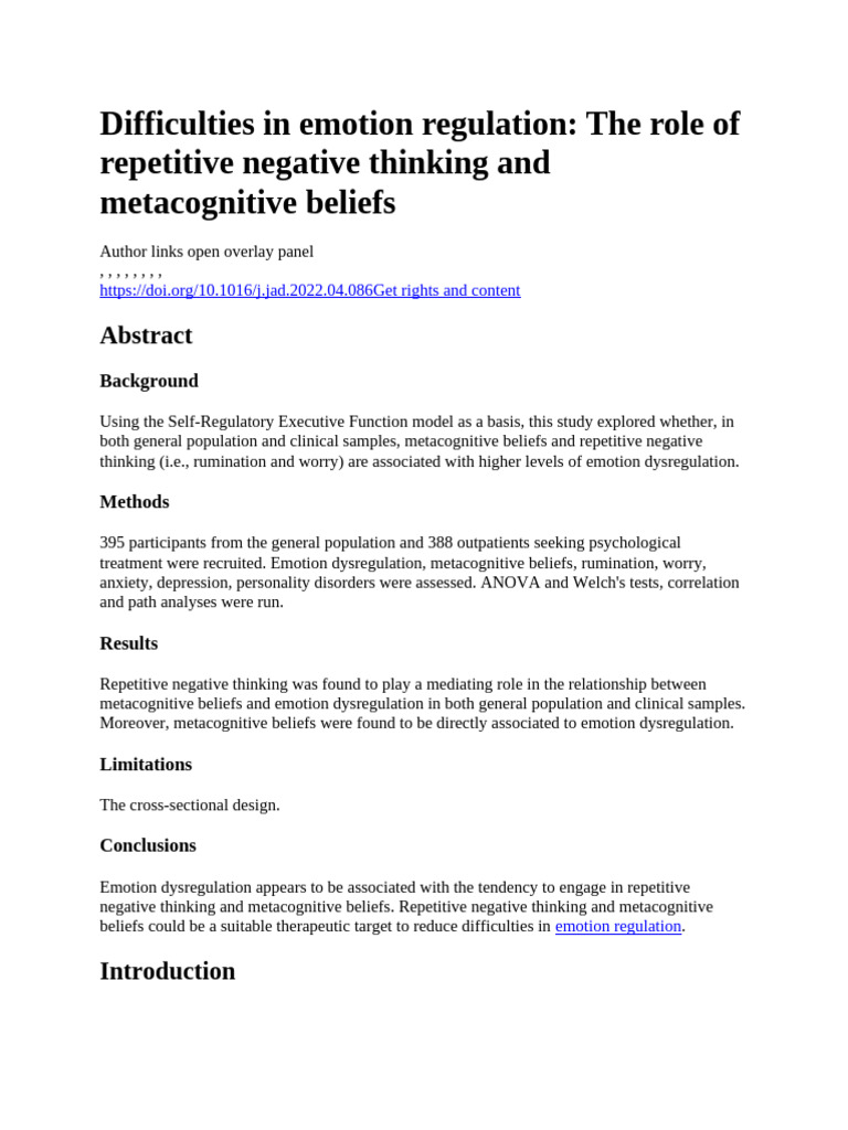 Difficulties in Emotion Regulation | PDF | Metacognition | Emotional Self Regulation