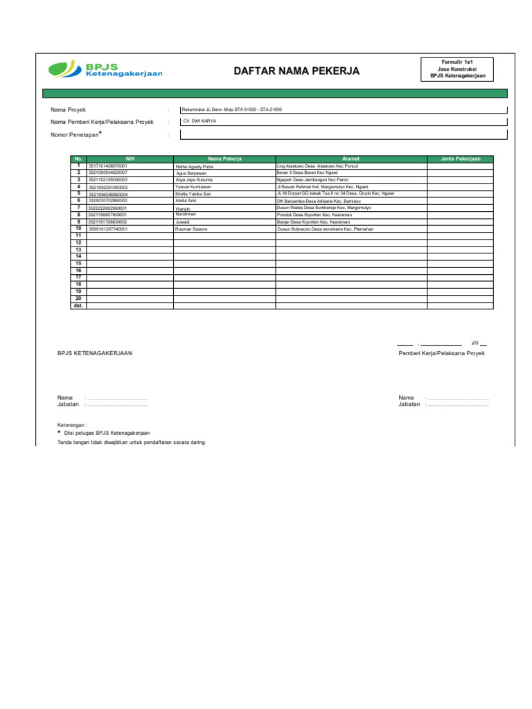Formulir 1a1 Jasa Konstruksi BPJS Ketenagakerjaan | PDF