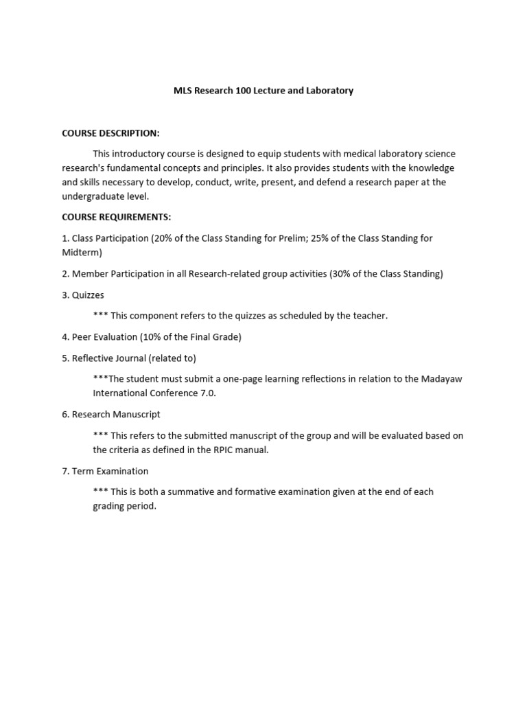MLS Res 100 Lecture - Requirements - Grading System - References | PDF ...