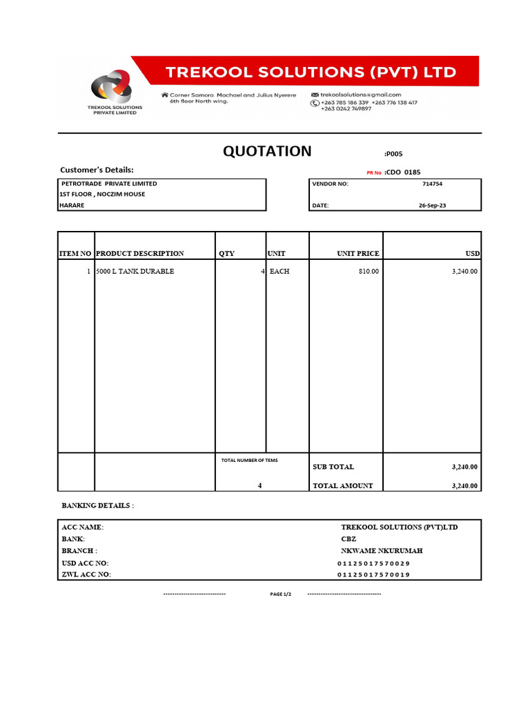 Quotation for Petrotrade Tanks | PDF