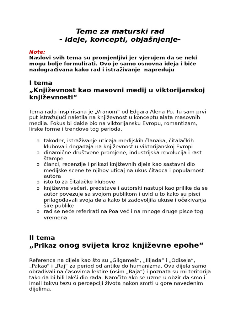 Teme Za Maturski Rad | PDF