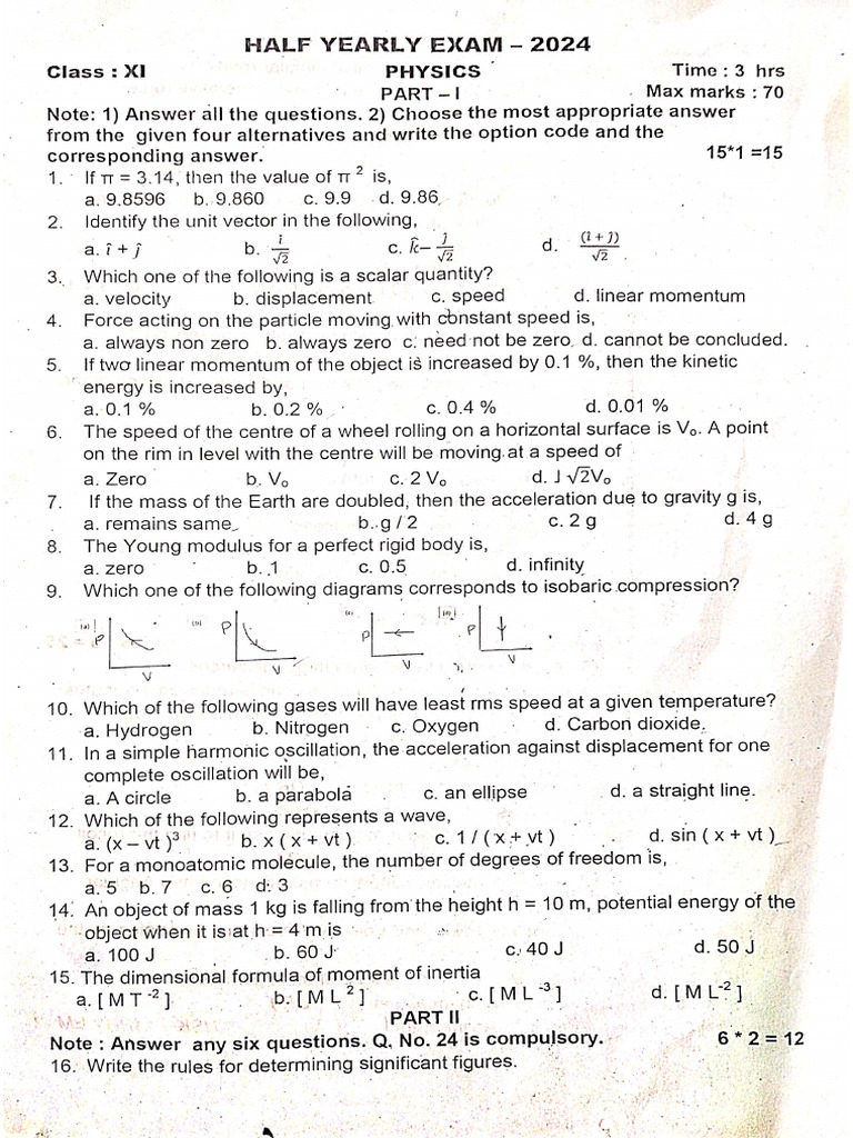 11th Physics Half Yearly Exam 2024 Original Question Paper Salem District English Medium PDF ...