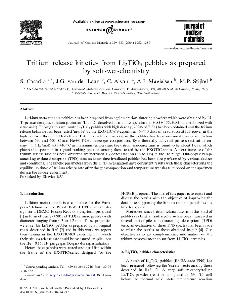 Tritium release kinetics from Li2TiO3 pebbles as prepared by soft-wet-chemistry | PDF | Gases ...