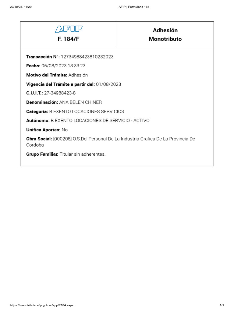 AFIP - Formulario 184 | PDF