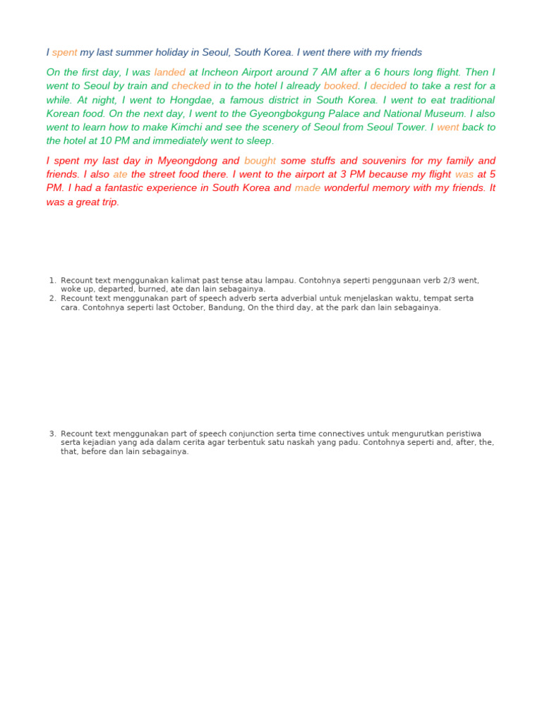 Recount Text I Spent My Last Summer Holiday in Seoul | PDF
