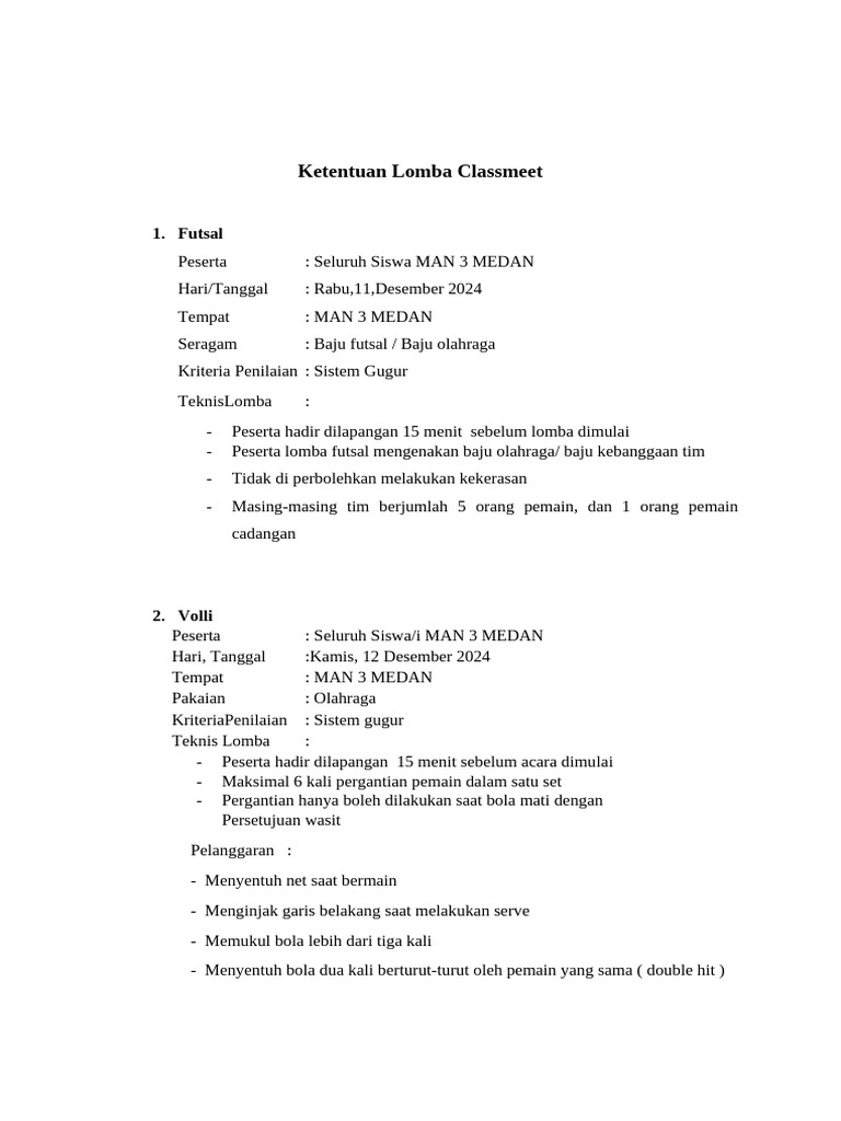 Ketentuan Lomba Classmeet MAN 3 | PDF