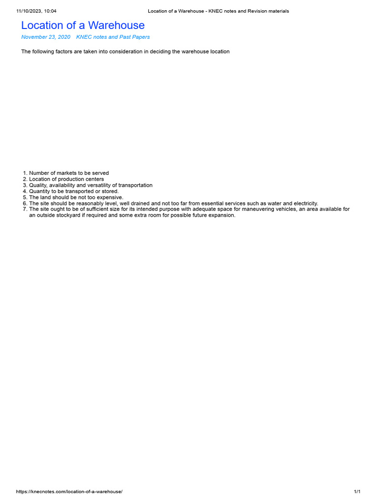 Location of A Warehouse - Notes and Revision Materials | PDF