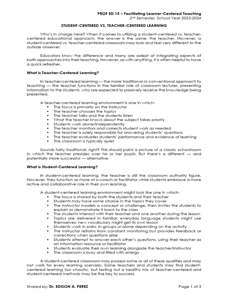 Student Centered vs. Teacher Centered Learning | PDF | Teachers | Learning