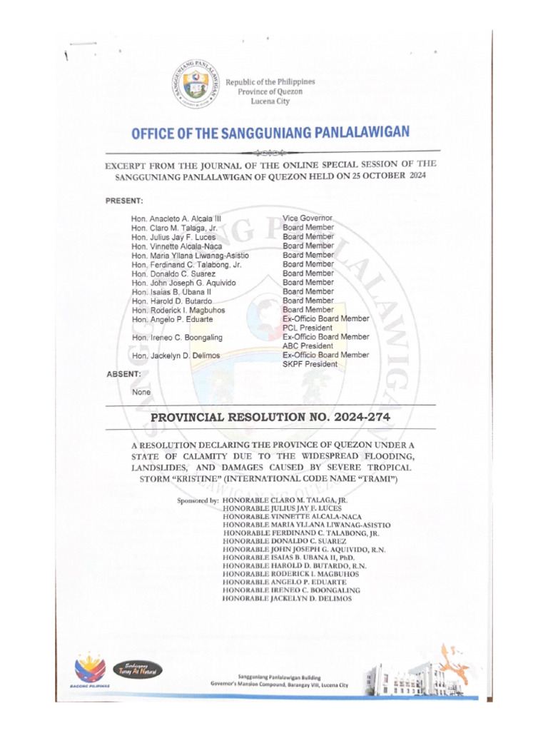 SP Resolution For Declaration of State of Calamity | PDF