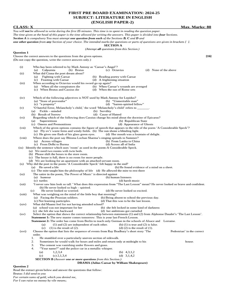Class X English Literature Exam 2024-25 | PDF | Augustus | Mark Antony