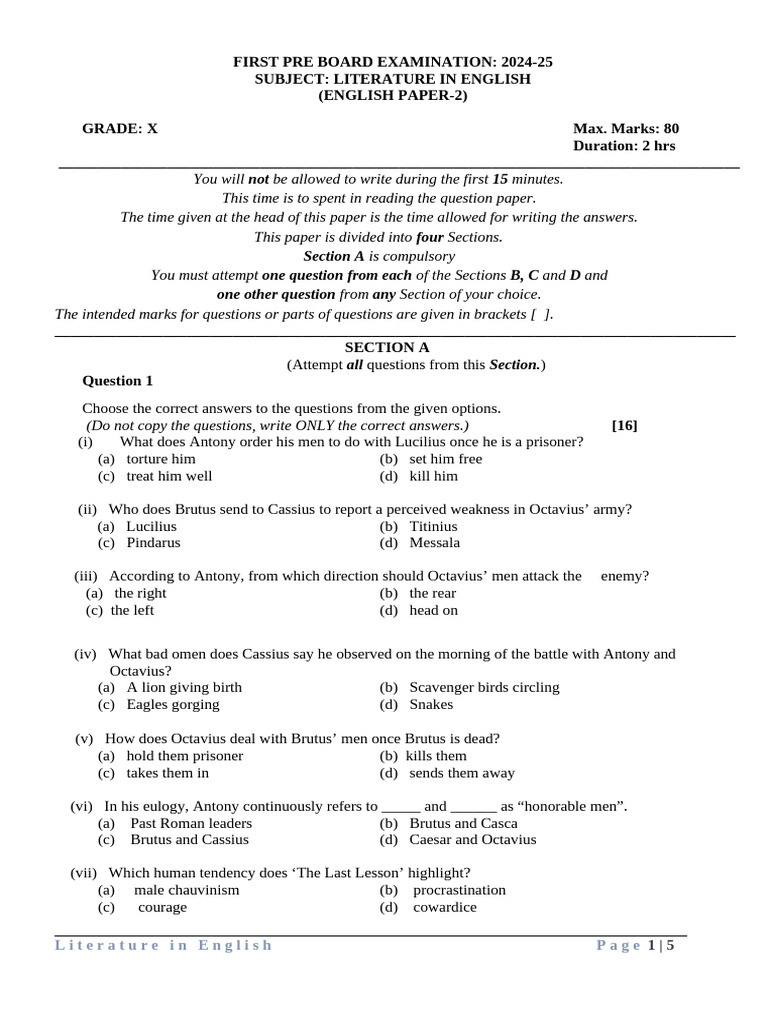 Literature in English Sample Paper - 2 | PDF