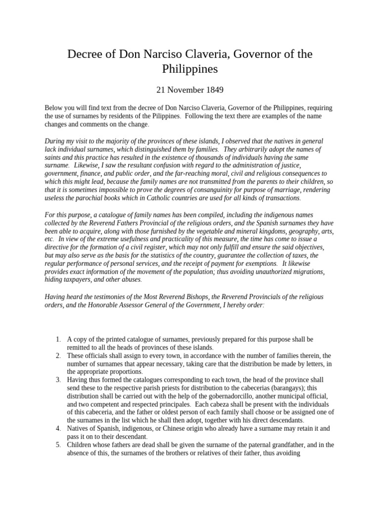 Decree of Don Narciso Claveria Governor of The Philippines | PDF ...