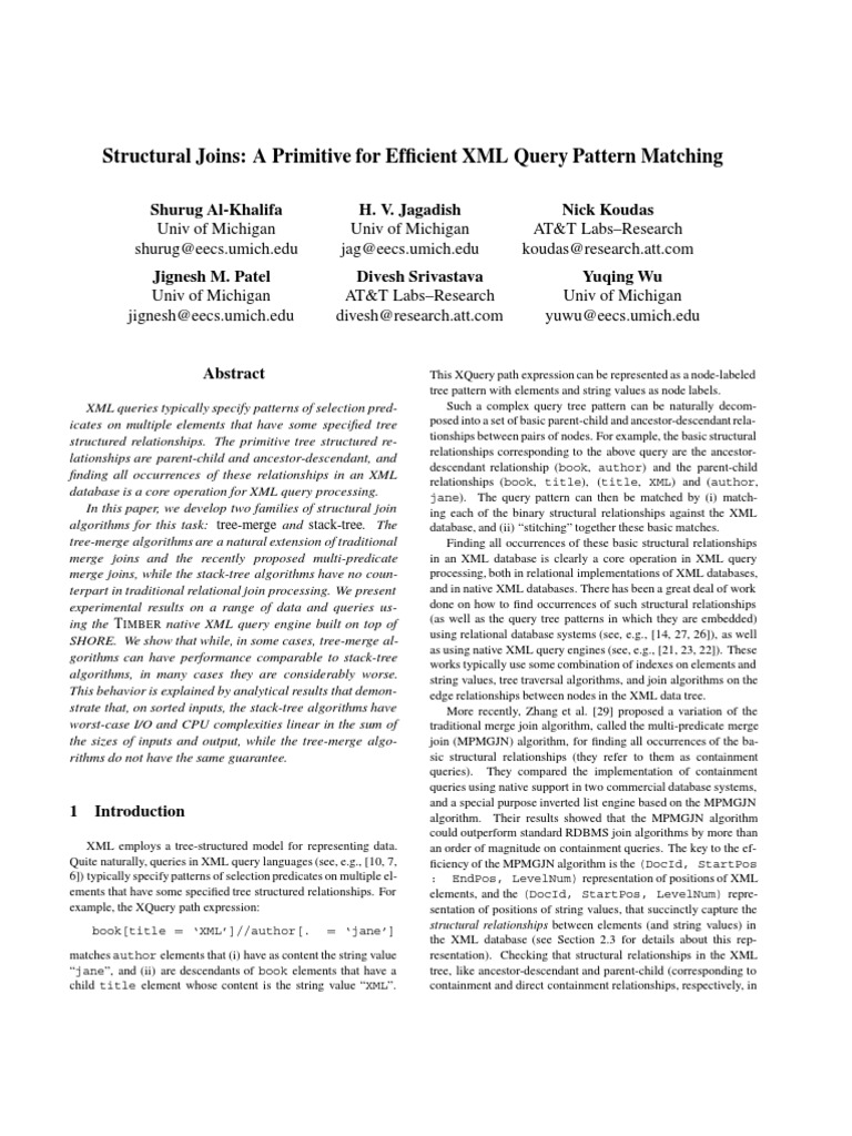 Structural Joins A Primitive For Efficient Xml Query Pattern Matching Pdf Xml Databases